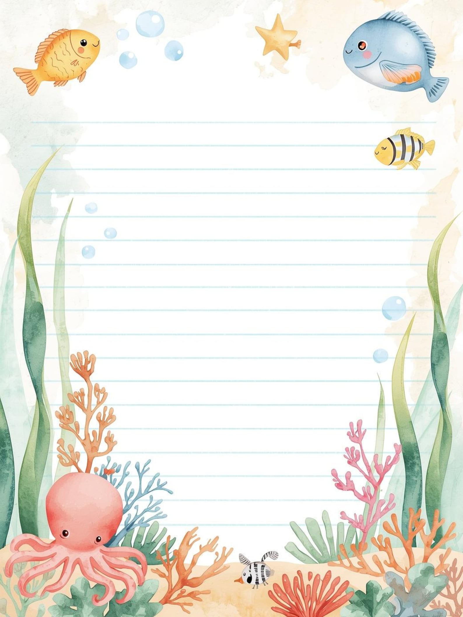 Cute Ocean Lined Paper for Kids – 45 Watercolor Sea Ocean Writing Paper ...