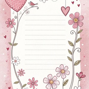 Valentine Floral Writing Paper, Pink Heart Stationery (digital Download ...