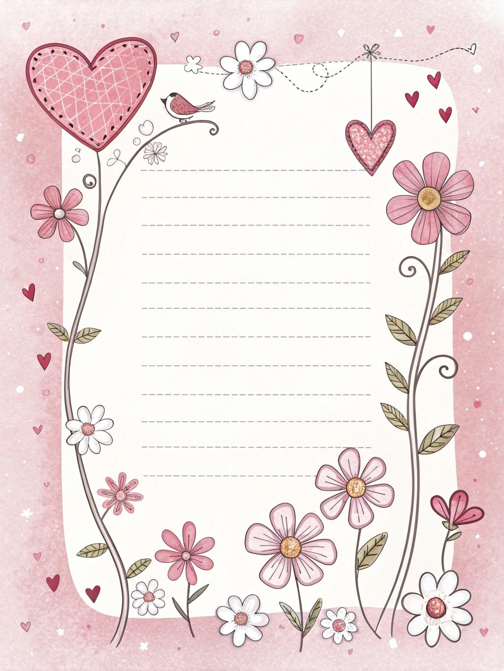 Valentine Floral Writing Paper, Pink Heart Stationery (digital Download ...
