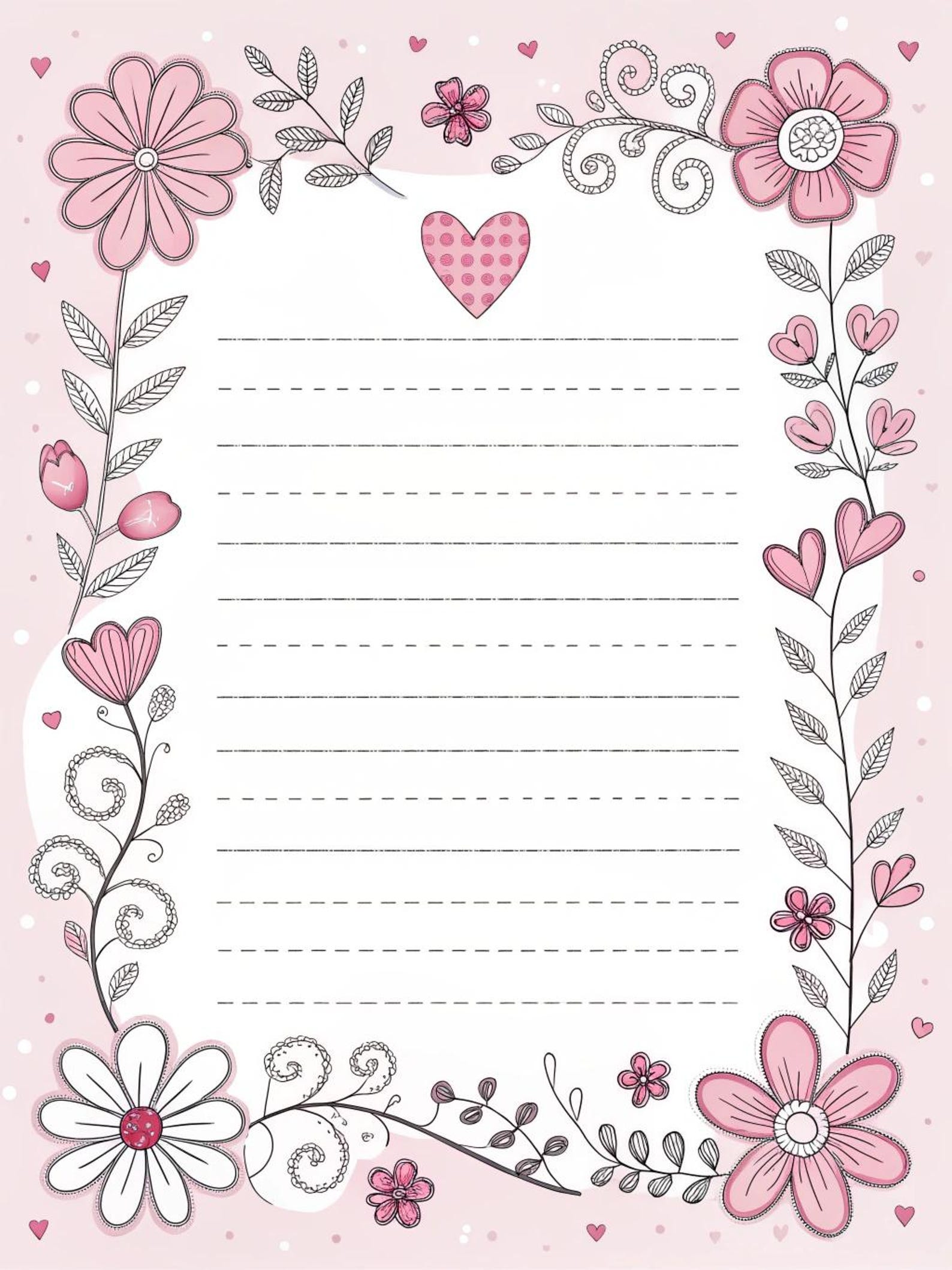Valentine Floral Writing Paper, Pink Heart Stationery (digital Download ...