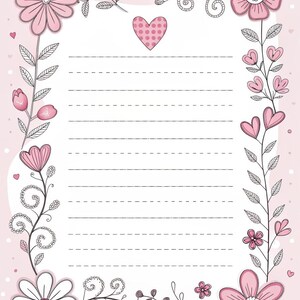 Valentine Floral Writing Paper, Pink Heart Stationery (digital Download ...