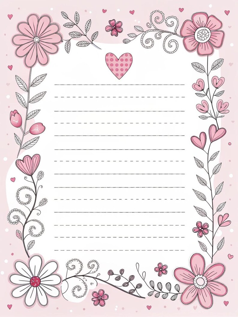 Valentine Floral Writing Paper, Pink Heart Stationery (digital Download ...