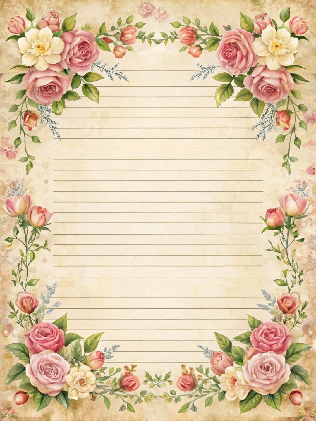 Vintage Floral Writing Paper, Romantic Rose Stationery Set (digital ...