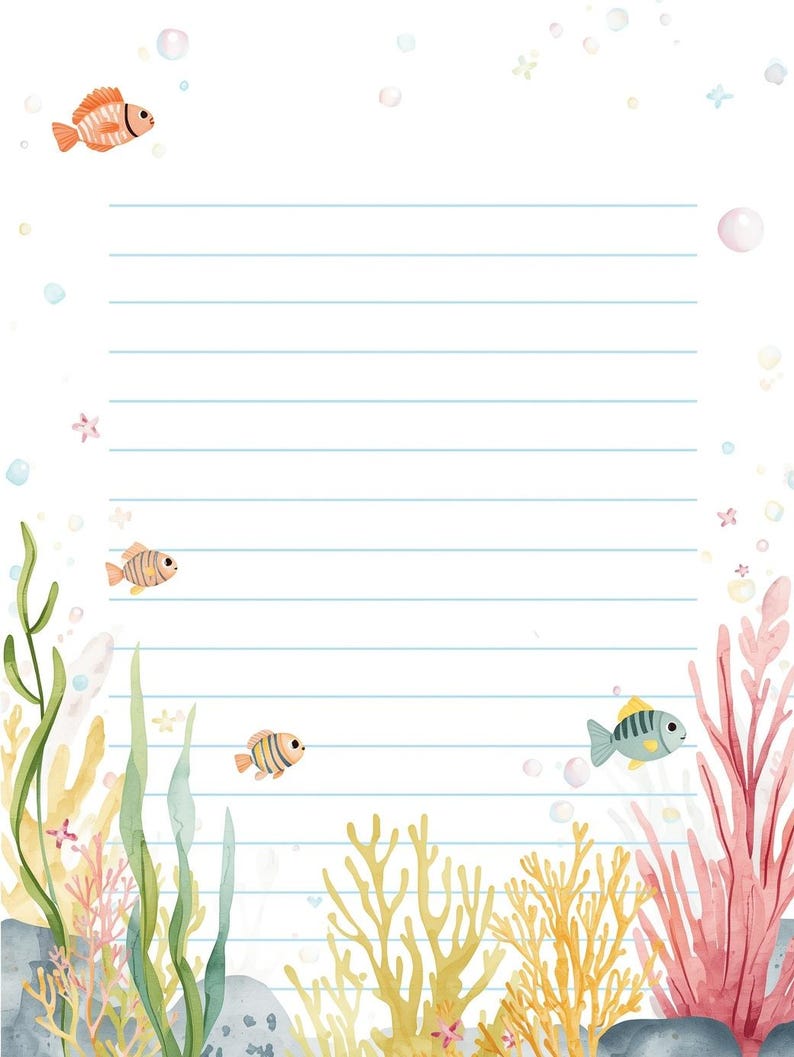 Cute Ocean Lined Paper for Kids – 45 Watercolor Sea Ocean Writing Paper ...