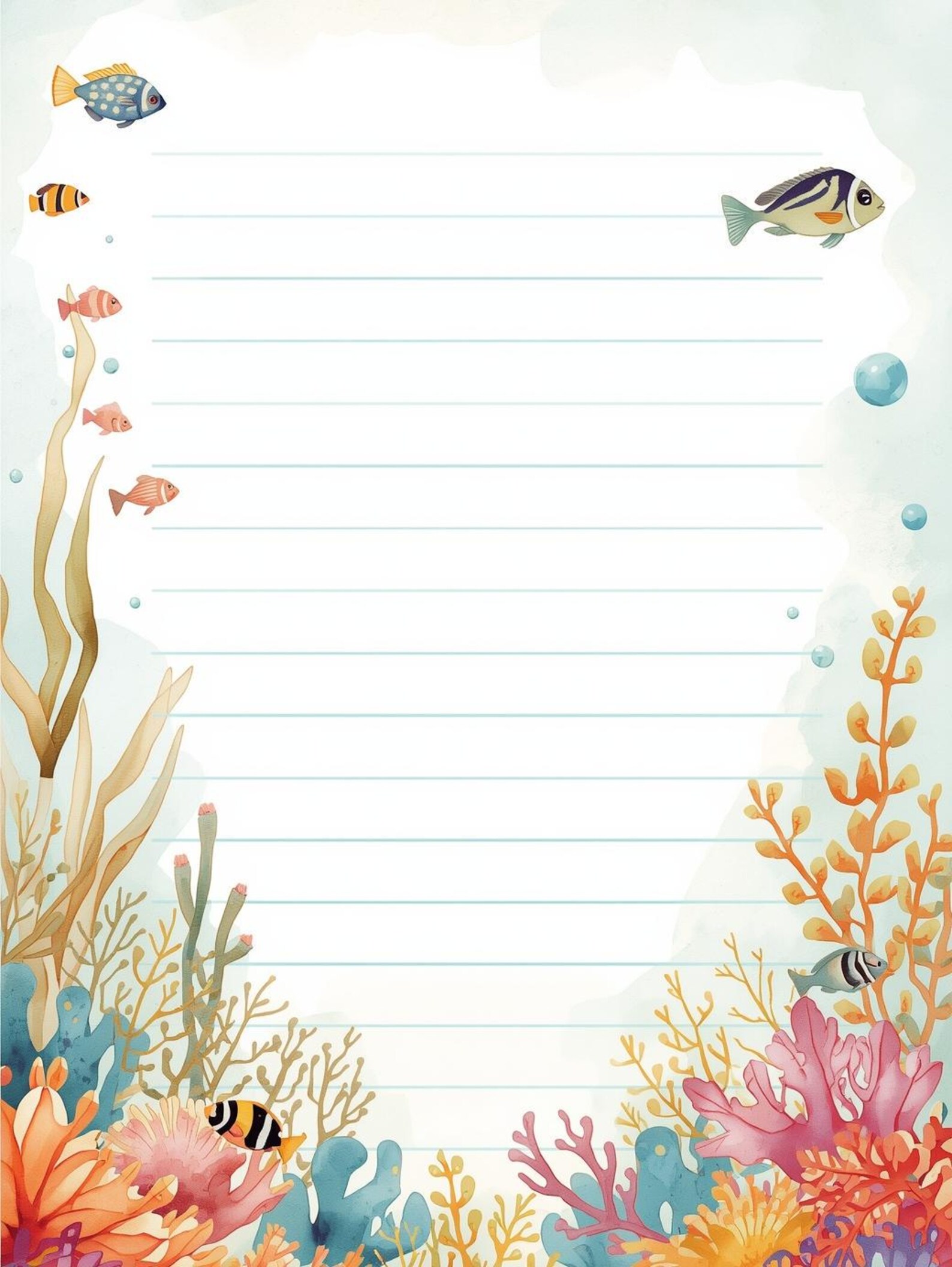 Cute Ocean Lined Paper for Kids – 45 Watercolor Sea Ocean Writing Paper ...