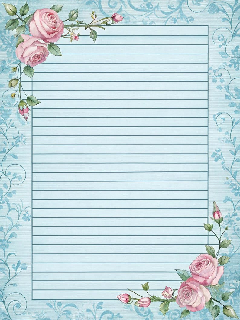 Romantic Pink & Blue Lined Journal Pages, Printable Stationery (A4 PDF ...