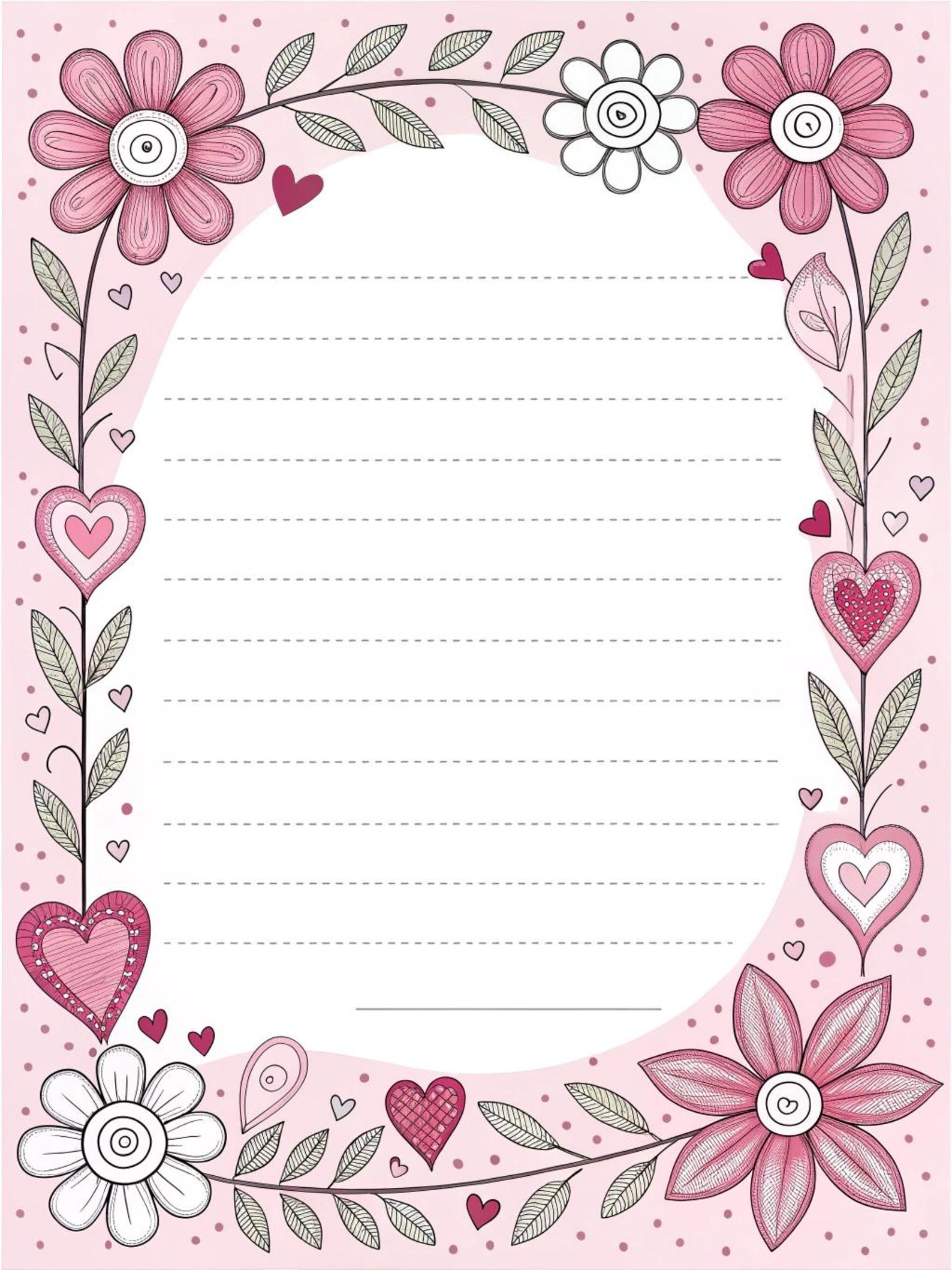 Valentine Floral Writing Paper, Pink Heart Stationery (digital Download ...