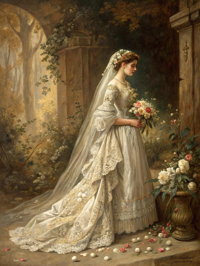 Victorian Bride Oil Painting Print, Antique Lace Wedding Dress (digital ...