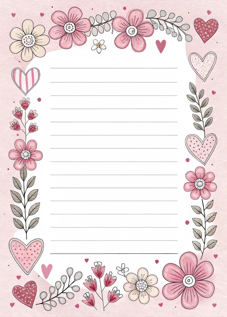 Floral Heart Stationery Paper | Printable Lined and Blank Pages ...
