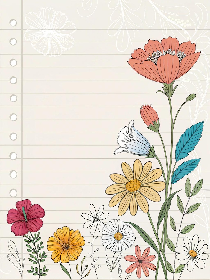 Floral Lined Writing Paper: 30 Printable Notebook Page Template ...