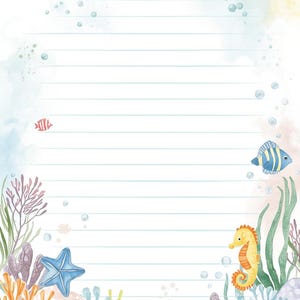 Cute Ocean Lined Paper for Kids – 45 Watercolor Sea Ocean Writing Paper ...