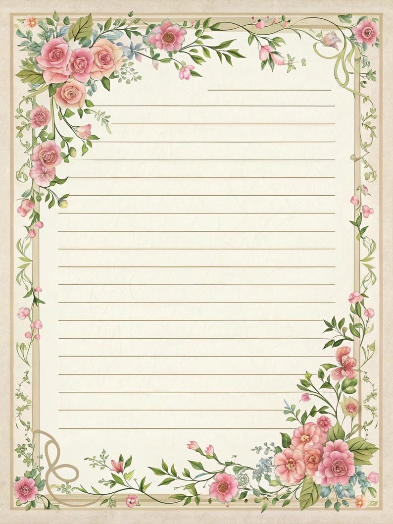 Romantic Vintage Love Letter Writing Paper Printable, Floral Stationery ...