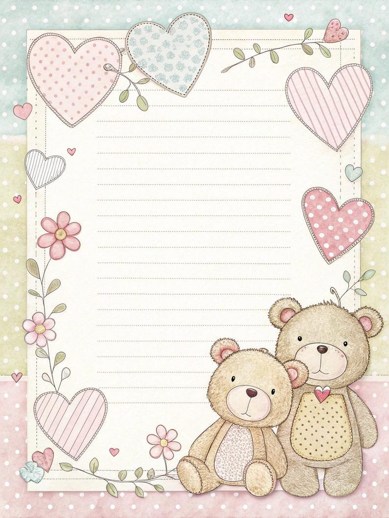 Kids Lined Paper Printable, Cute Teddy Bear Writing Paper - Etsy