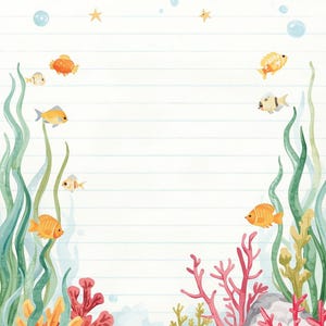 Cute Ocean Lined Paper for Kids – 45 Watercolor Sea Ocean Writing Paper ...