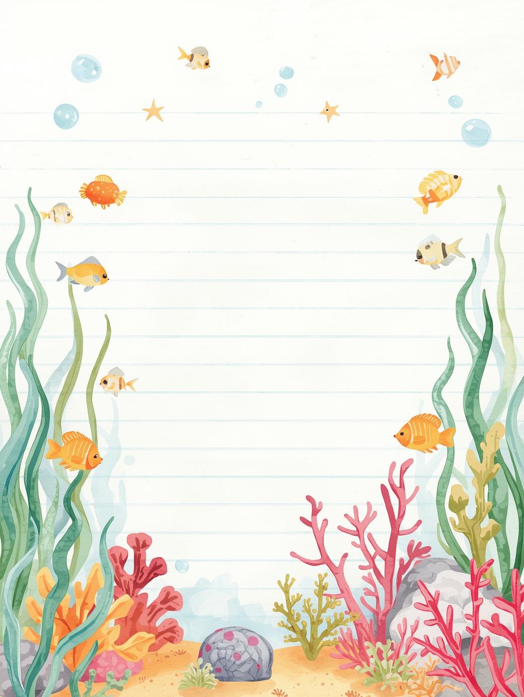 Cute Ocean Lined Paper for Kids – 45 Watercolor Sea Ocean Writing Paper ...