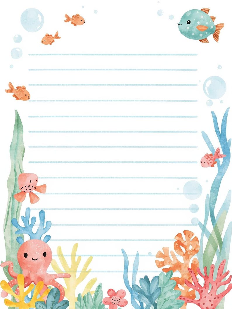 Cute Ocean Lined Paper for Kids – 45 Watercolor Sea Ocean Writing Paper ...