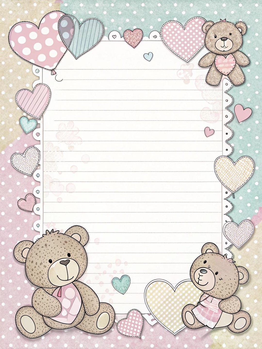 Kids Lined Paper Printable, Cute Teddy Bear Writing Paper - Etsy
