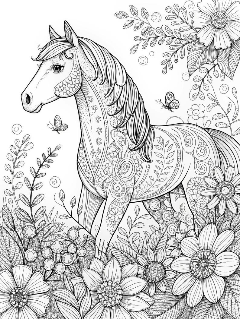 Floral Horse Coloring Page, Detailed Line Art (PDF) - Etsy