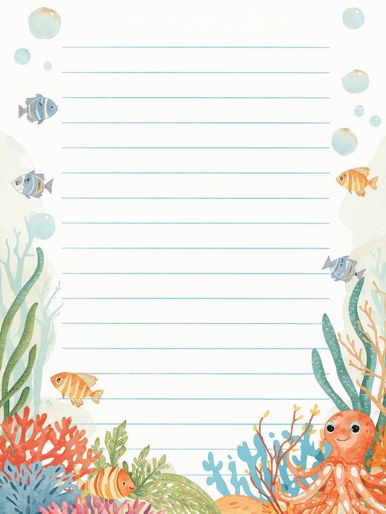 Cute Ocean Lined Paper for Kids – 45 Watercolor Sea Ocean Writing Paper ...