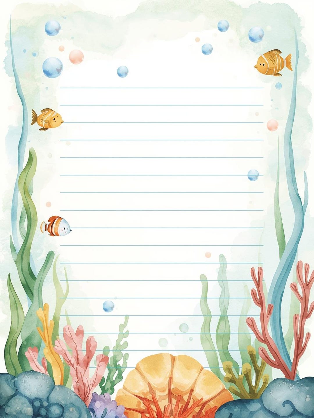 Cute Ocean Lined Paper for Kids – 45 Watercolor Sea Ocean Writing Paper ...