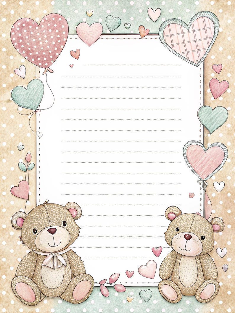 Kids Lined Paper Printable, Cute Teddy Bear Writing Paper - Etsy