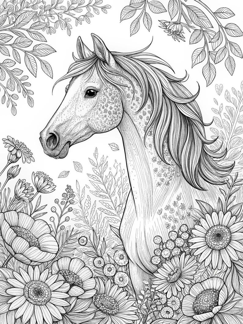 Floral Horse Coloring Page, Detailed Line Art (PDF) - Etsy