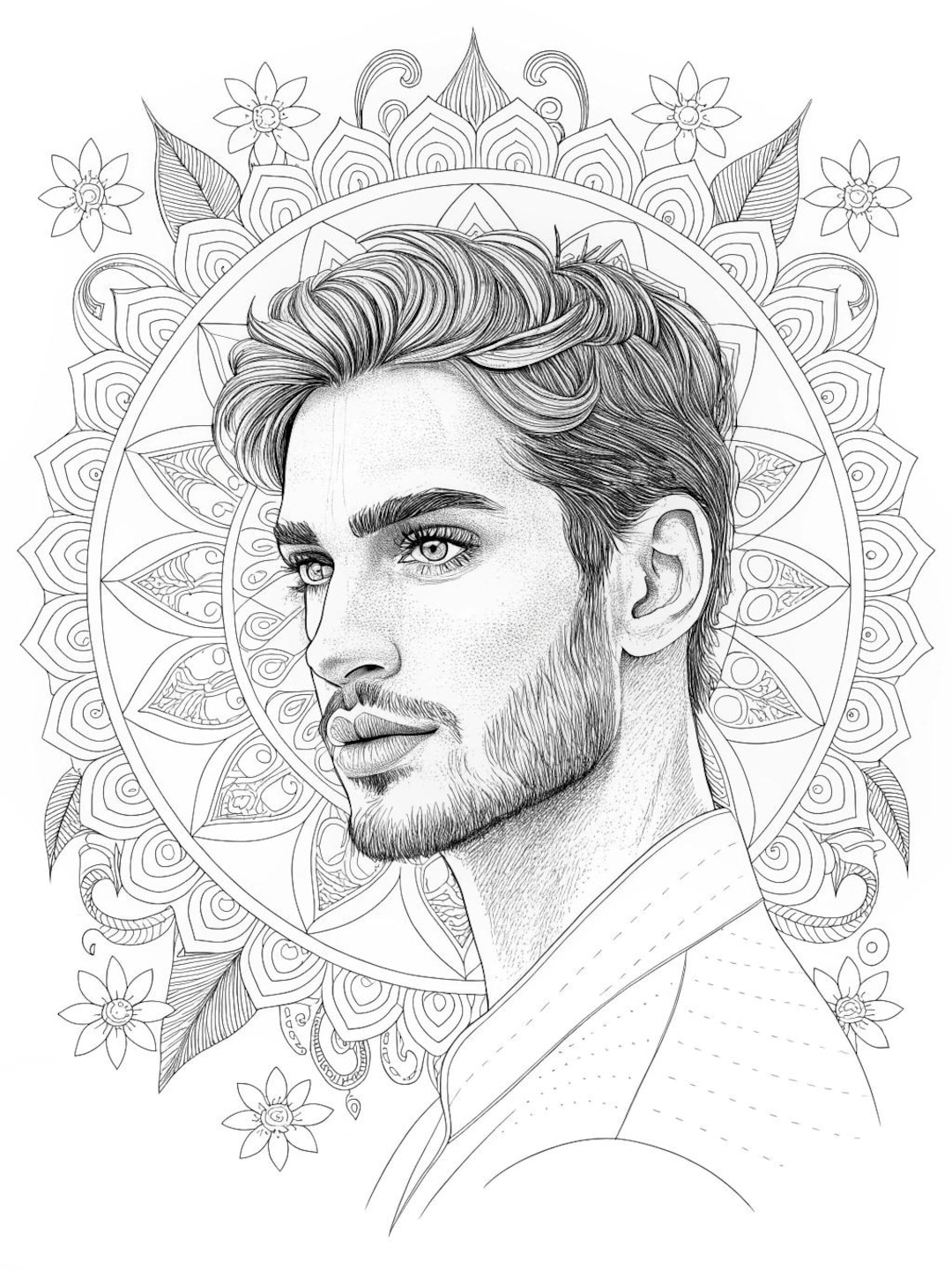 Male Mandala Coloring Page |45 Man Portrait With Intricate Mandala ...