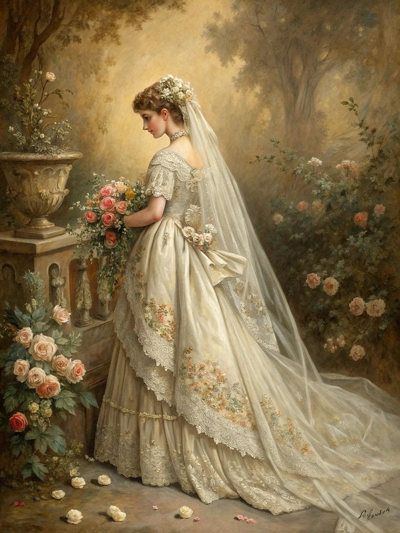 Victorian Bride Oil Painting Print, Antique Lace Wedding Dress (digital ...