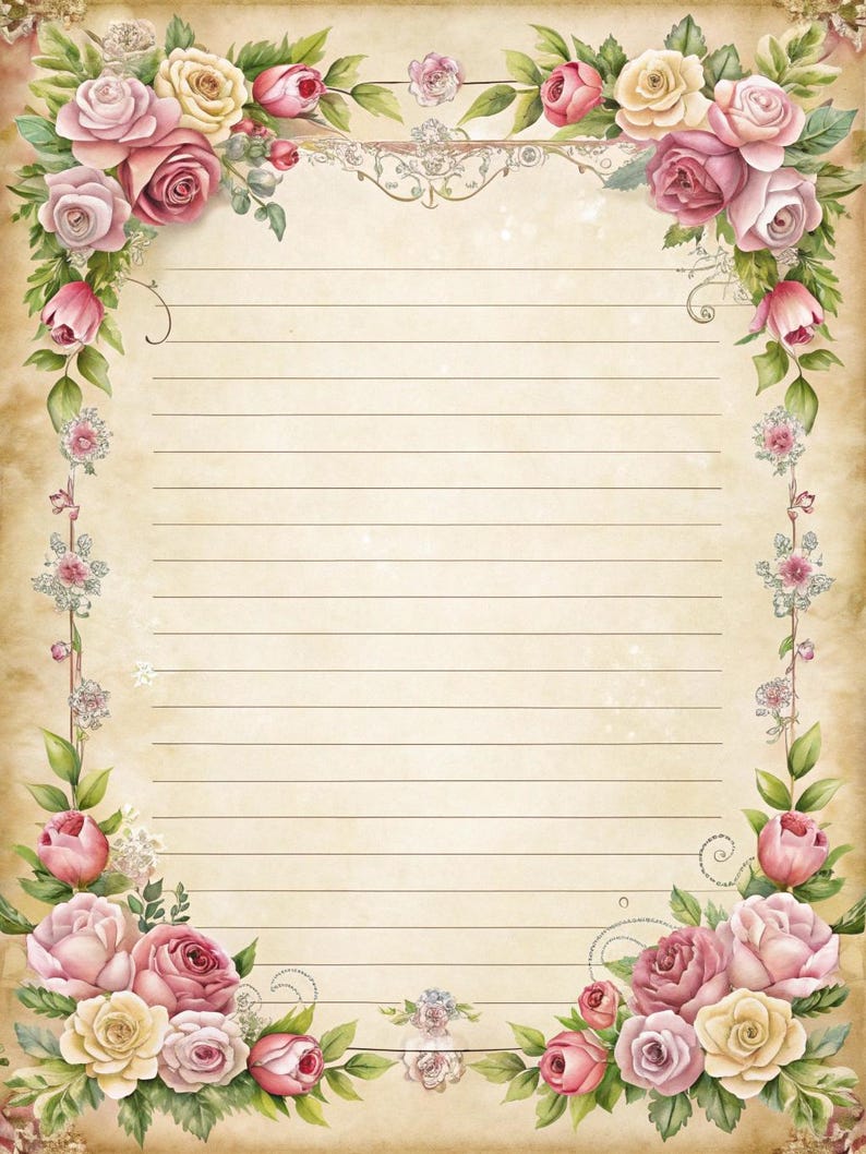 Vintage Floral Writing Paper, Romantic Rose Stationery Set (digital ...