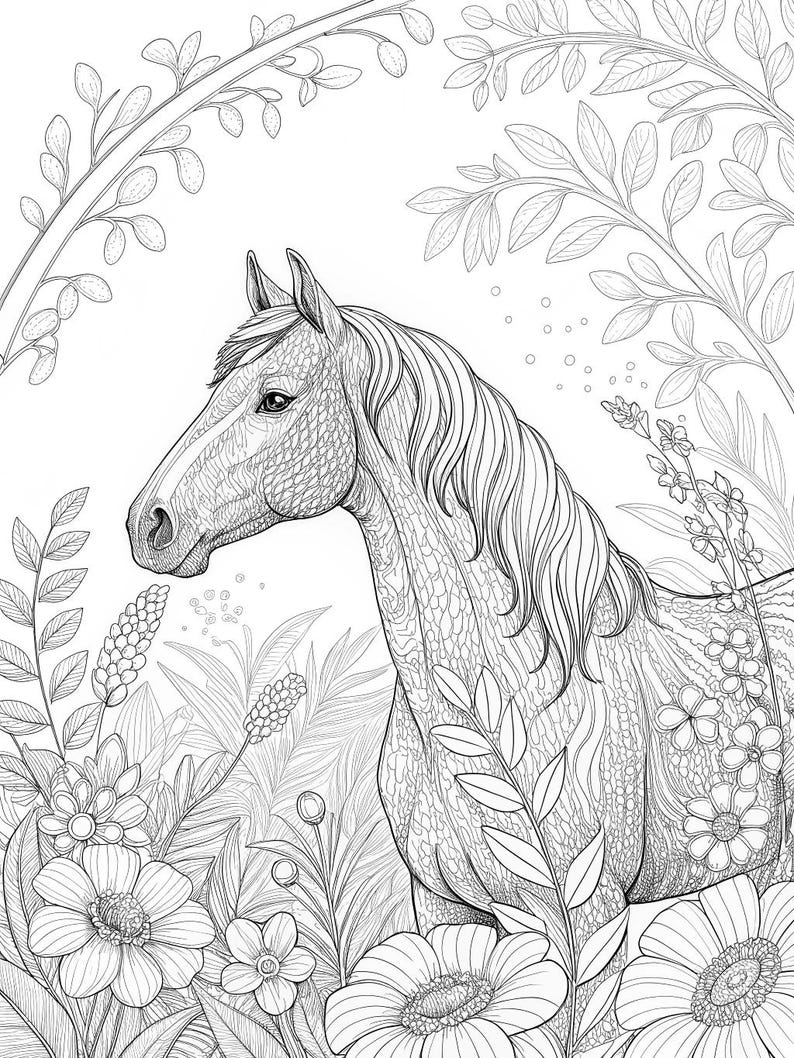 Floral Horse Coloring Page, Detailed Line Art (PDF) - Etsy