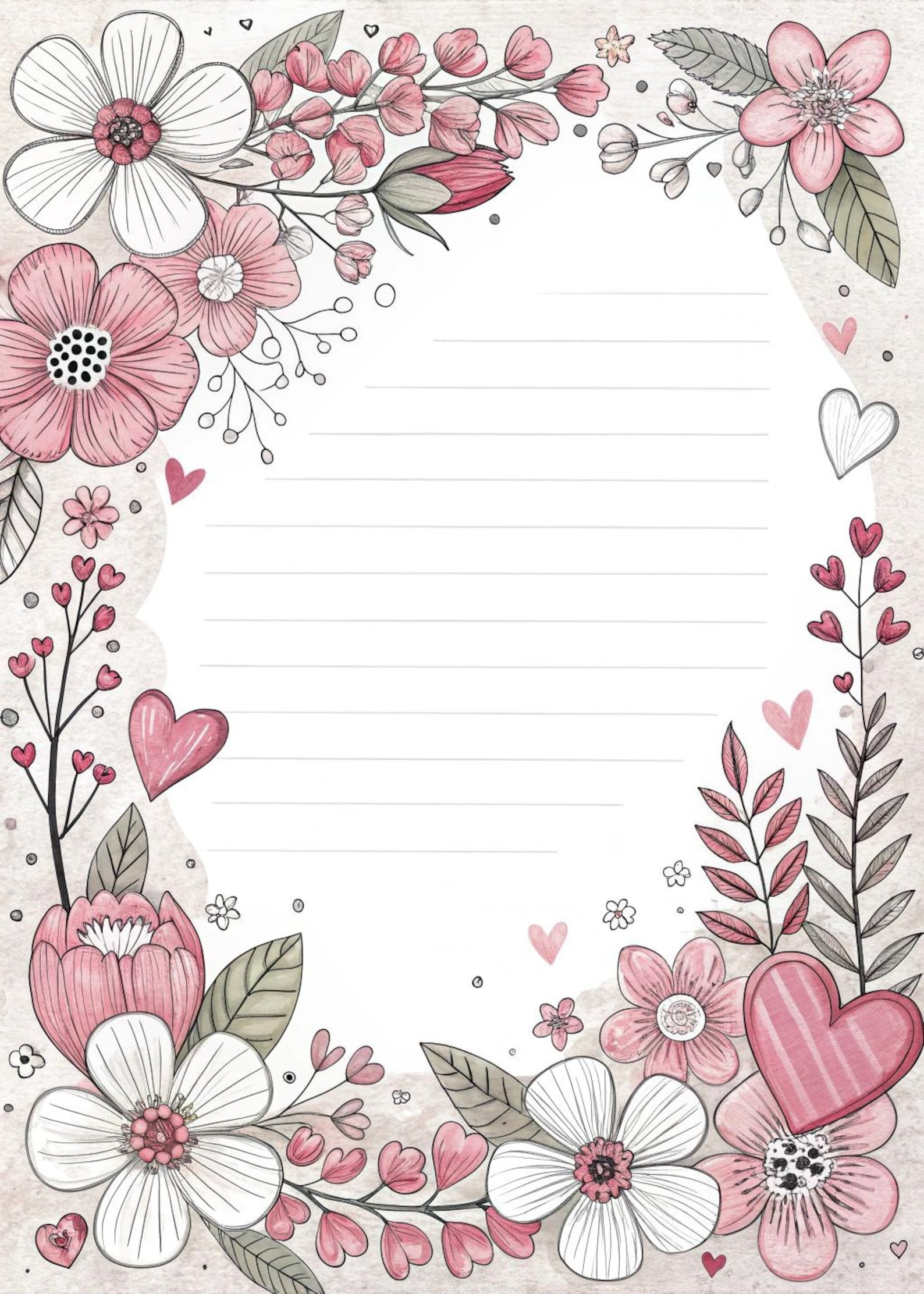 Pink Floral Heart Stationery: Printable Lined Journal Paper (JPG) - Etsy