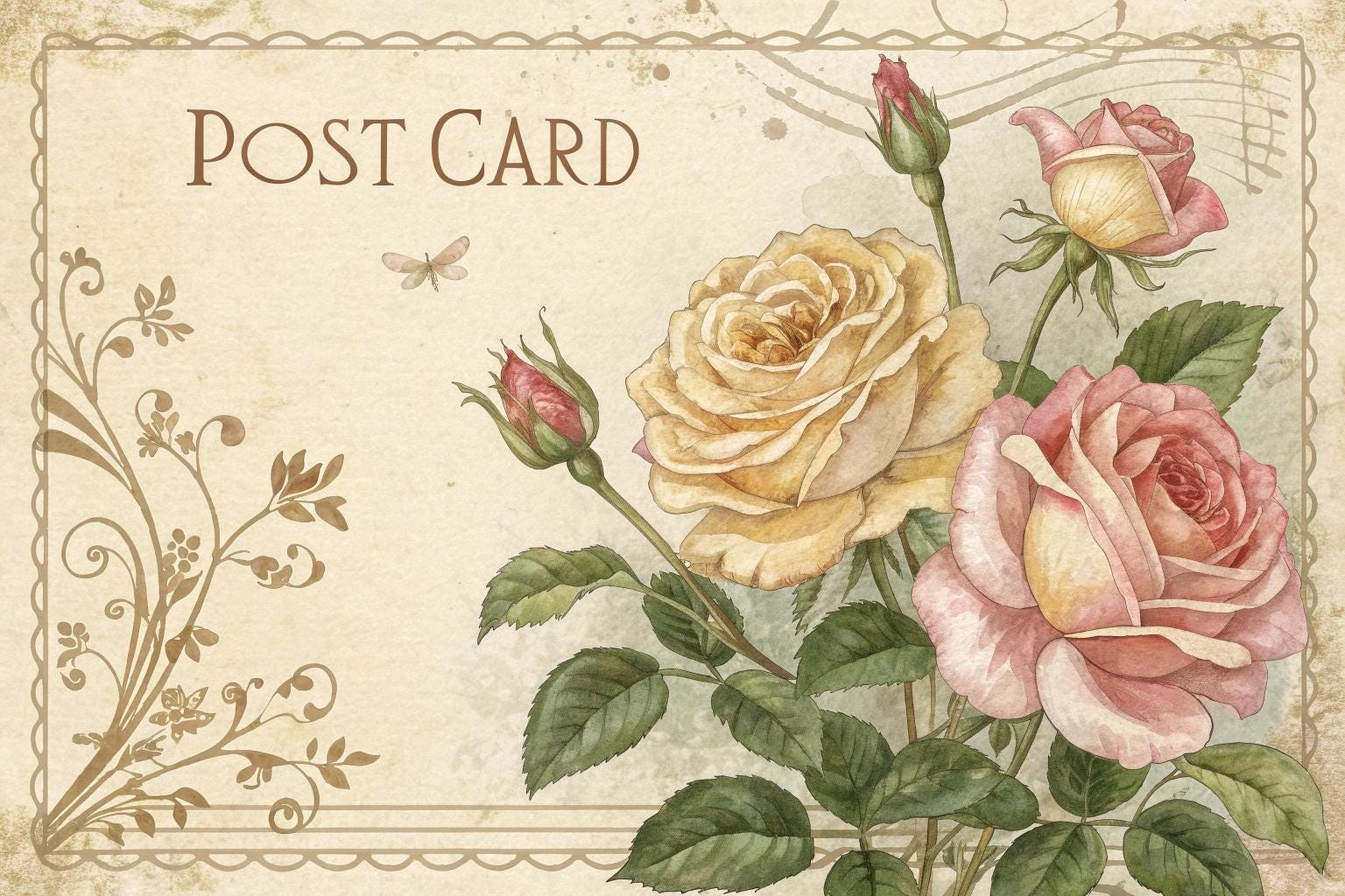 Postcard, With Roses/ Digital Postcard, Antique Postcard, Aged Paper ...