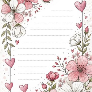 Valentine Floral Writing Paper, Pink Heart Stationery (digital Download ...
