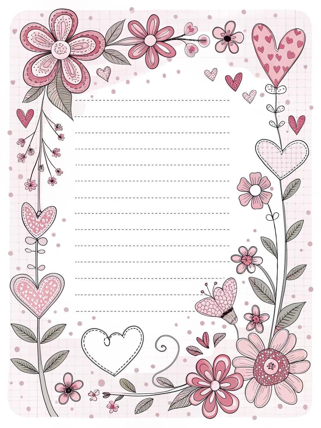 Valentine Floral Writing Paper, Pink Heart Stationery (digital Download ...