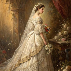 Victorian Bride Oil Painting Print, Antique Lace Wedding Dress (digital ...
