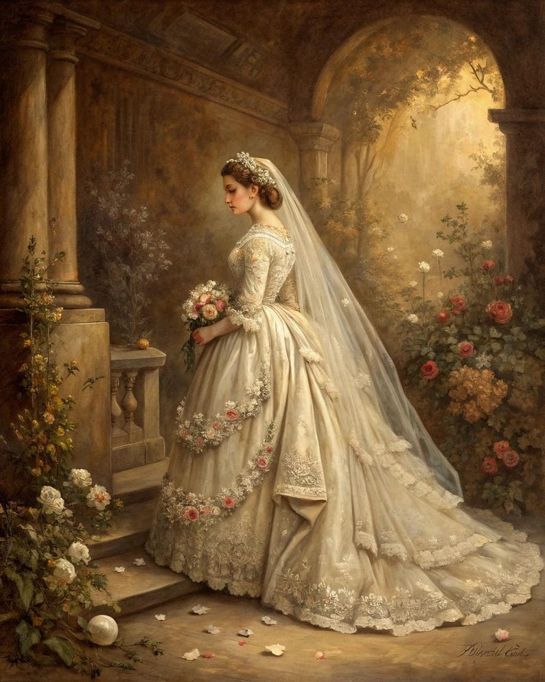 Victorian Bride Oil Painting Print, Antique Lace Wedding Dress (digital ...
