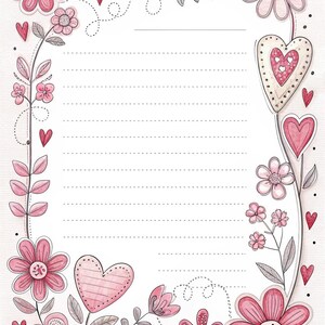 Valentine Floral Writing Paper, Pink Heart Stationery (digital Download ...