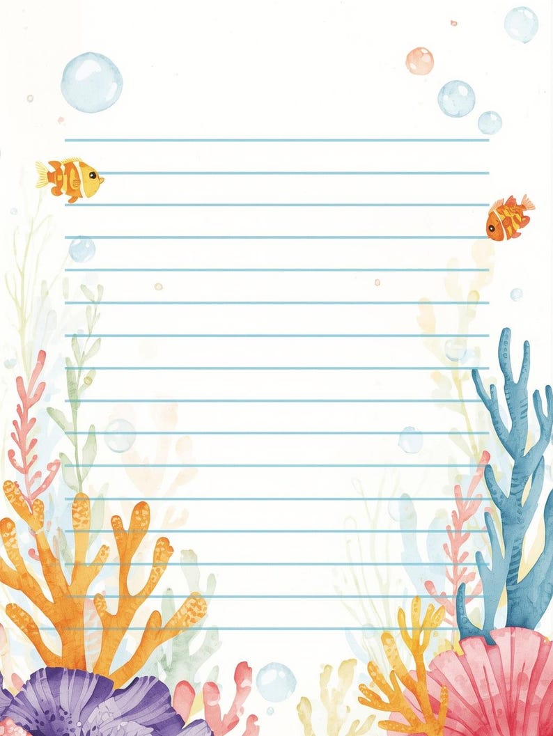 Cute Ocean Lined Paper for Kids – 45 Watercolor Sea Ocean Writing Paper ...