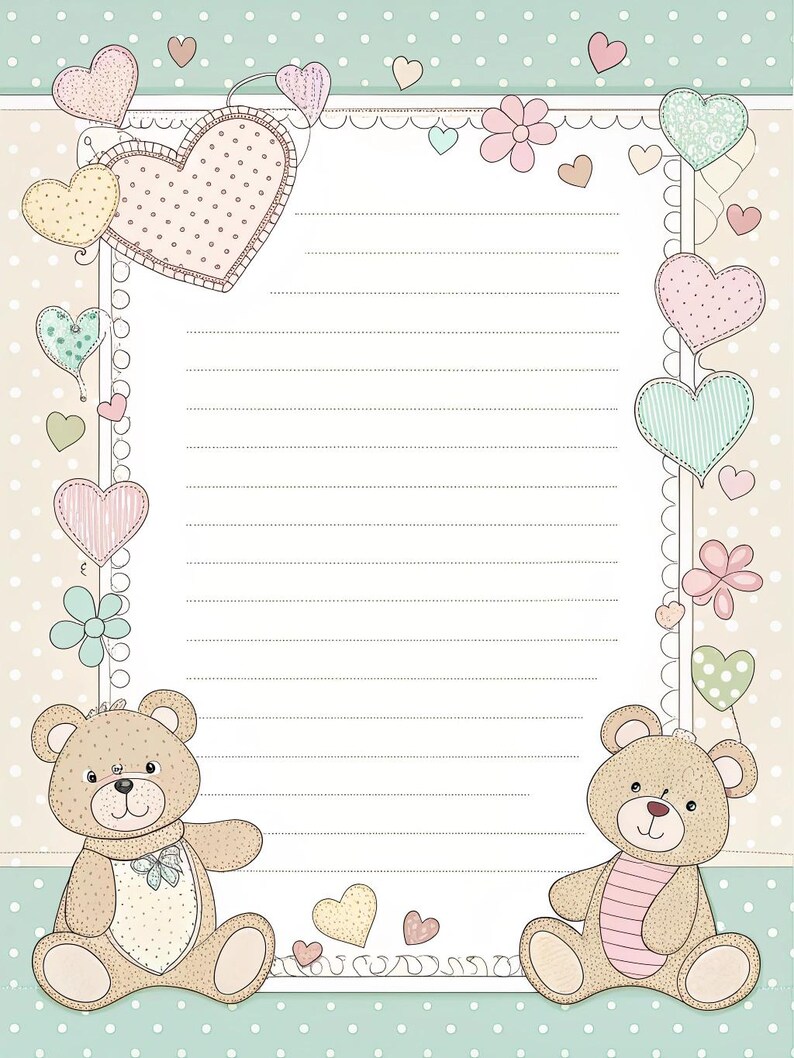 Kids Lined Paper Printable, Cute Teddy Bear Writing Paper - Etsy