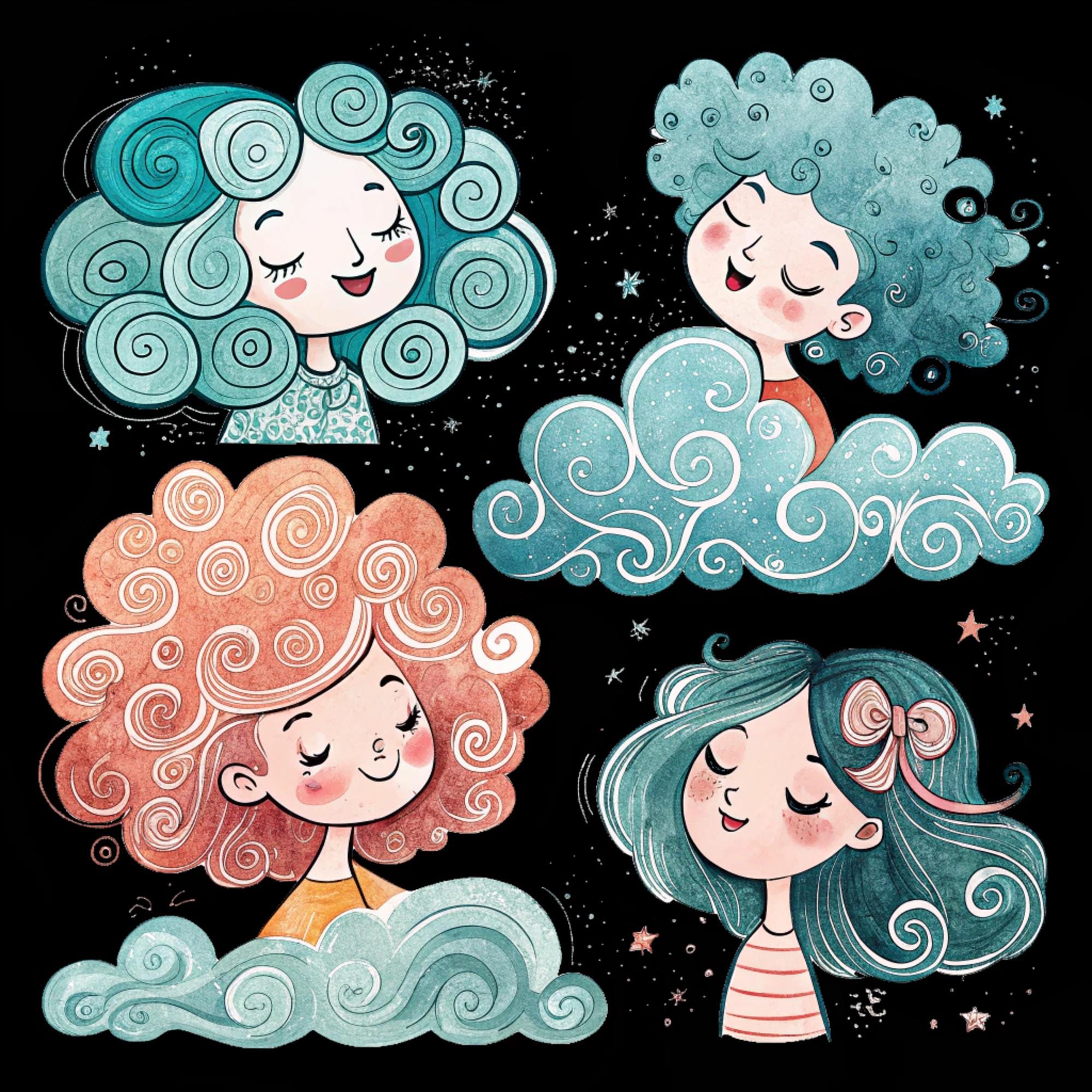5 Whimsical Cyan Swirl Art , Digital Cartoon Print ,5 Unique ...