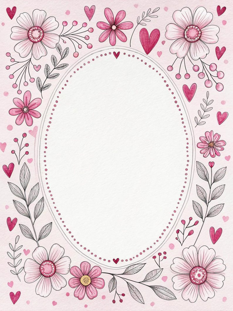 Valentine Floral Writing Paper, Pink Heart Stationery (digital Download ...
