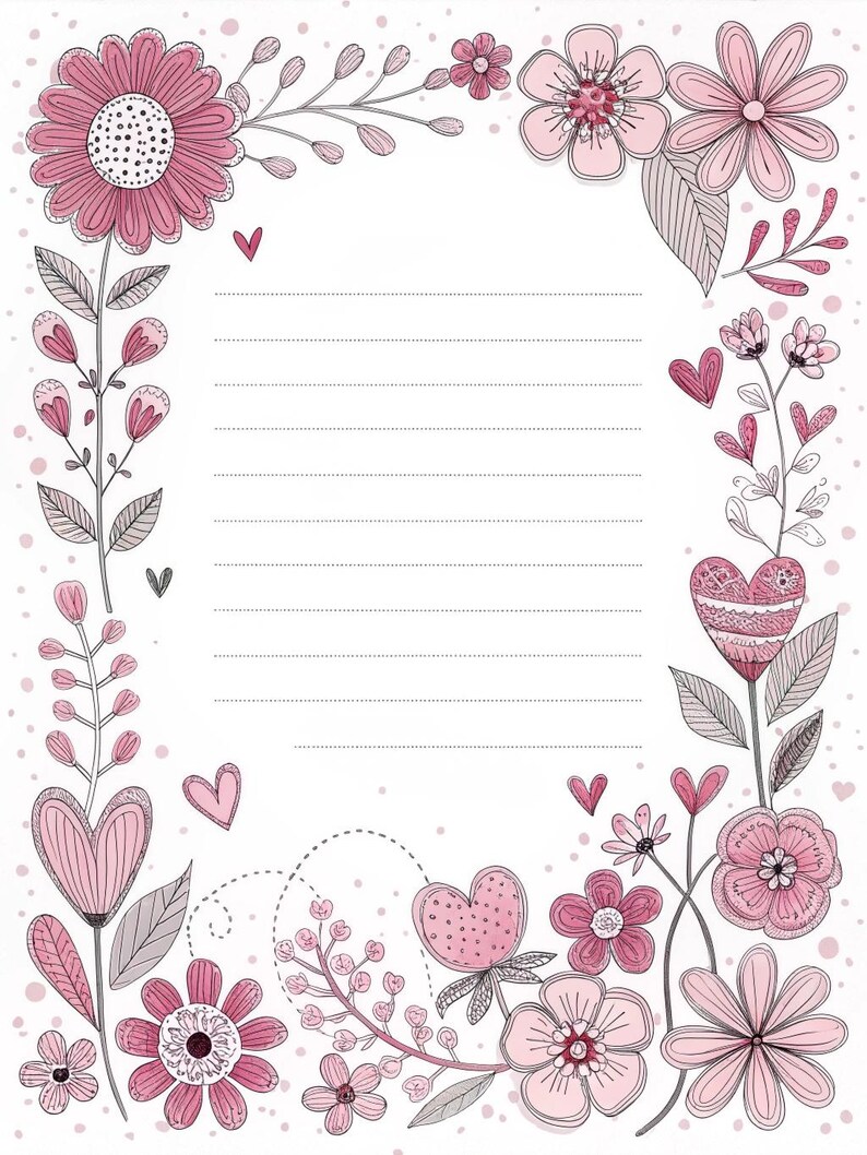 Valentine Floral Writing Paper, Pink Heart Stationery (digital Download ...