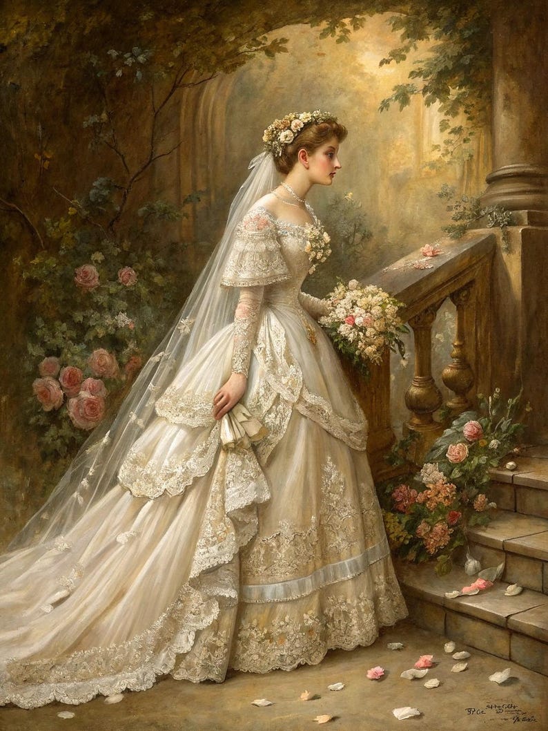 Victorian Bride Oil Painting Print, Antique Lace Wedding Dress (digital ...