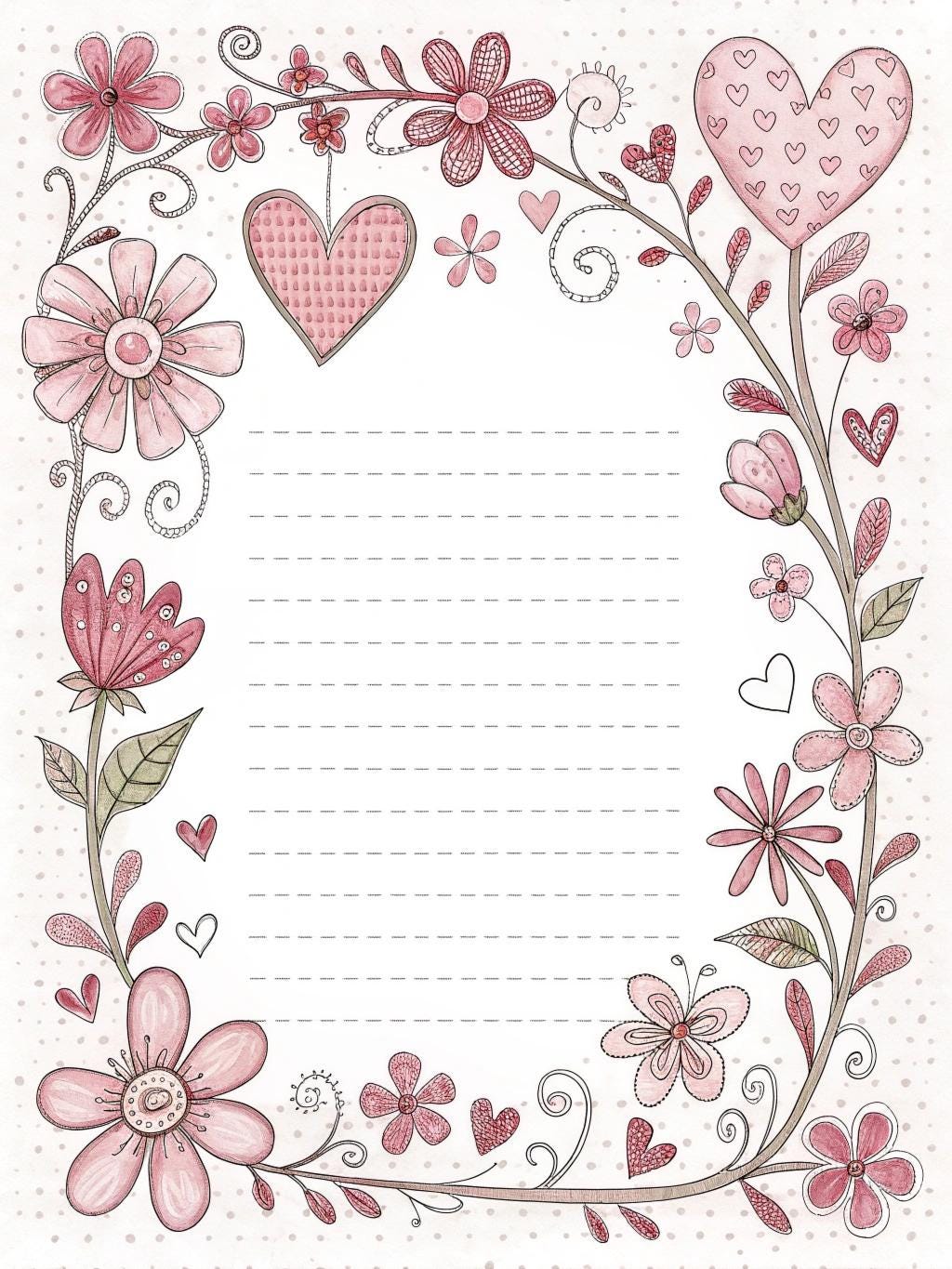 Valentine Floral Writing Paper, Pink Heart Stationery (digital Download ...