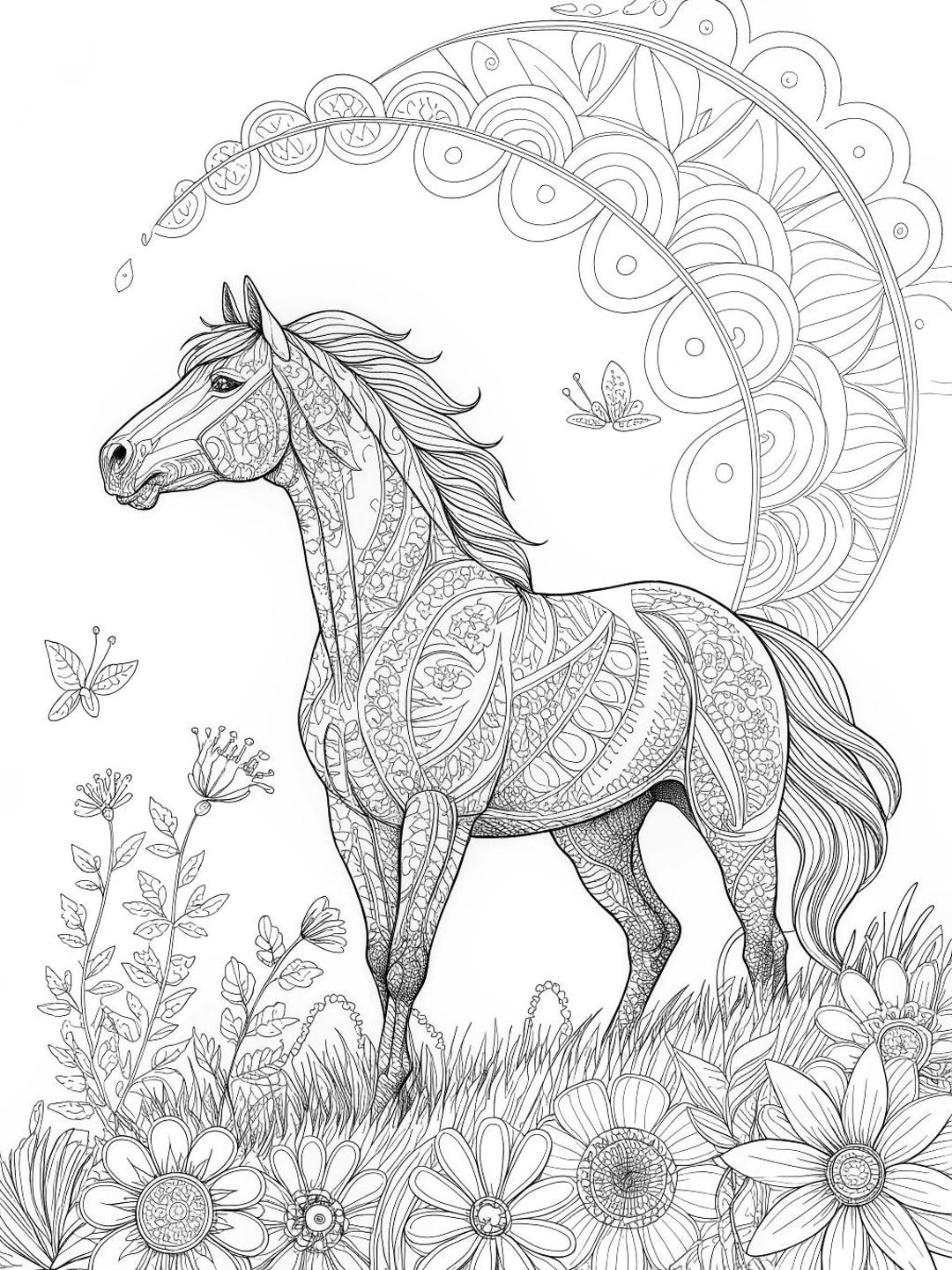 Floral Horse Coloring Page, Detailed Line Art (PDF) - Etsy