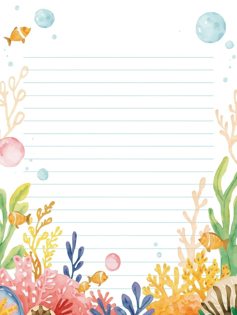 Cute Ocean Lined Paper for Kids – 45 Watercolor Sea Ocean Writing Paper ...