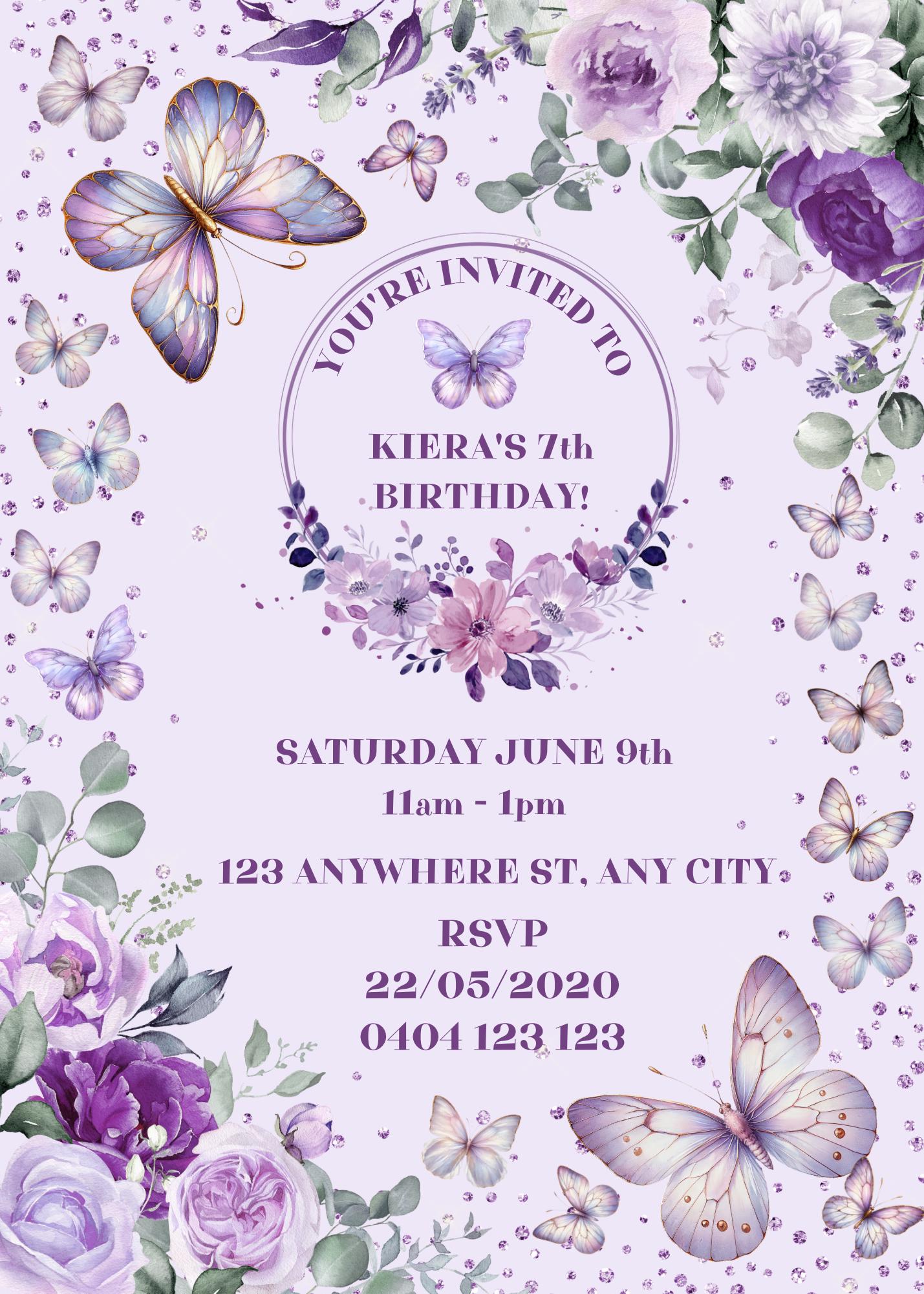 Editable Purple Flower & Butterfly Birthday Invitation - Etsy