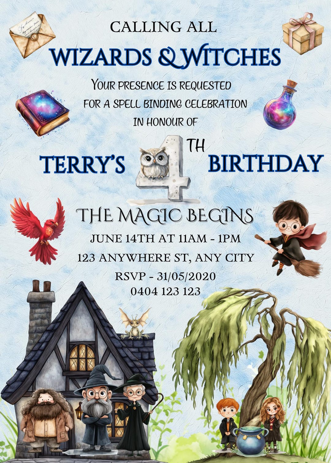Editable Wizards & Witches Birthday Invitation, Magical Birthday Invite ...