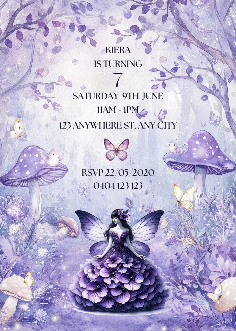 Purple Fairy Birthday Invitation: Editable Template (5x7) - Etsy