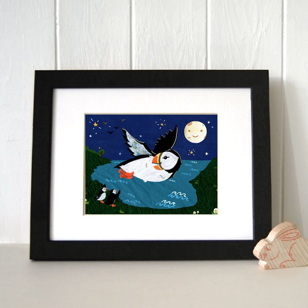 Night Flight Puffin Print- Puffin Art Print - Puffin Illustration - Art ...